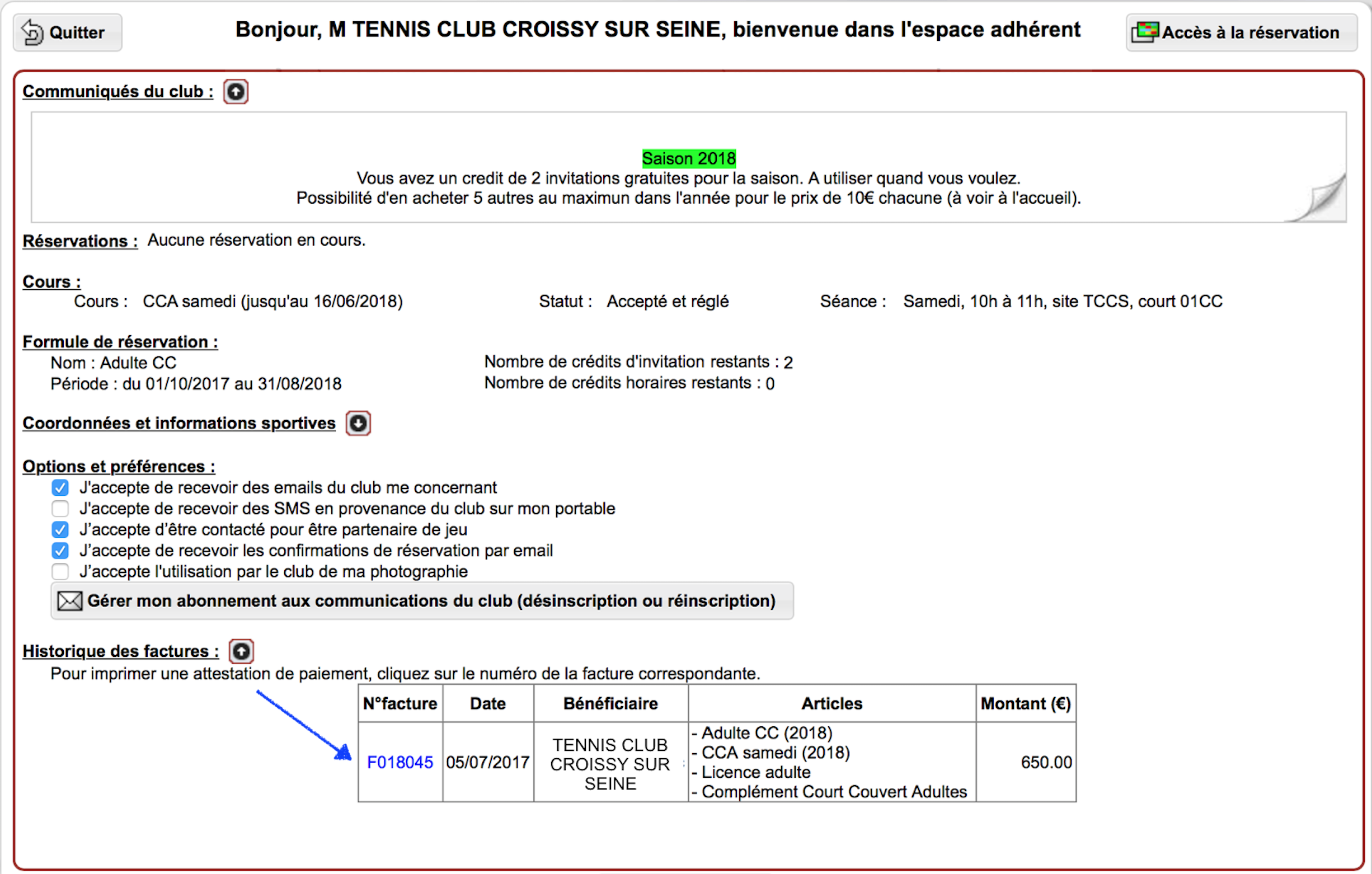 Demander une facture | Tennis Club de Croissy sur Seine